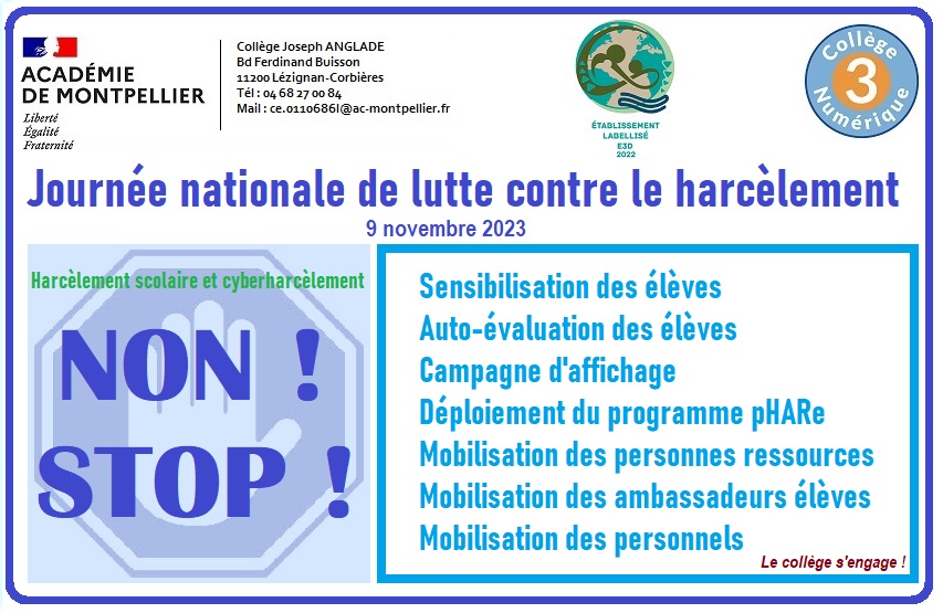 Journée nationale de lutte contre le harcèlement et le cyberharcèlement - Jeudi 9 novembre 2023 ...
